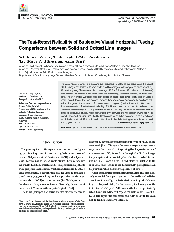 (PDF) The Test-Retest Reliability of Subjective Visual Horizontal ...