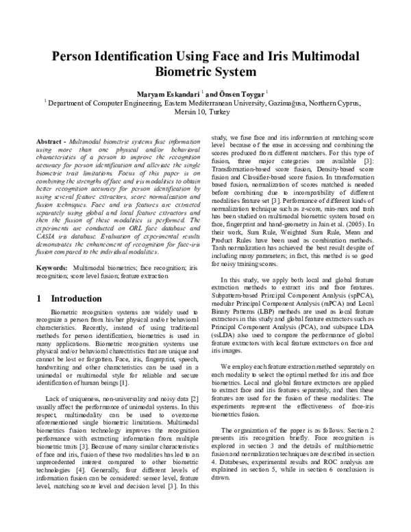 (PDF) Person Identification Using Face and Iris Multimodal Biometric System