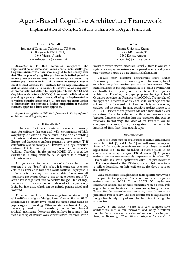 (PDF) Agent-Based cognitive architecture framework implementation of complex systems within a ...