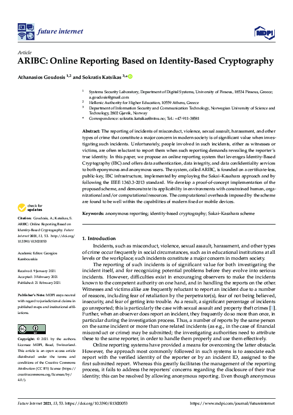 (PDF) ARIBC: Online Reporting Based on Identity-Based Cryptography