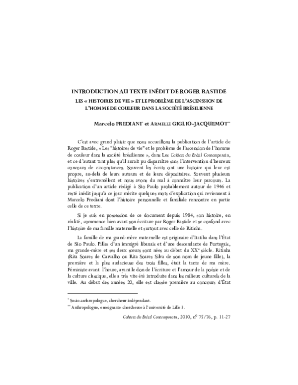 (PDF) Introduction Au Texte Inédit De Roger Bastide Les « Histoires De ...