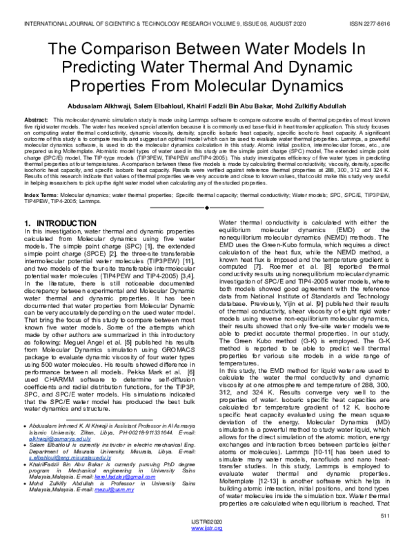 (PDF) The Comparison Between Water Models In Predicting Water Thermal ...