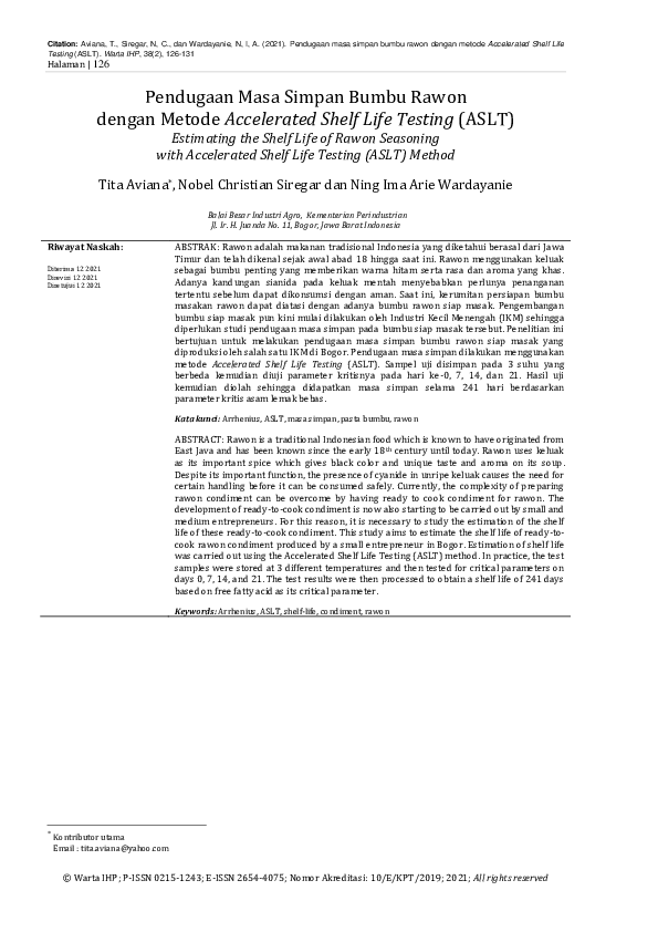 (PDF) Pendugaan Masa Simpan Bumbu Rawon dengan Metode Accelerated Shelf ...