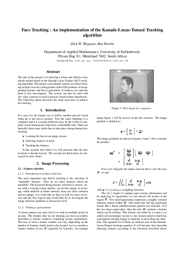 Pdf Face Tracking An Implementation Of The Kanade Lucas Tomasi Tracking Algorithm