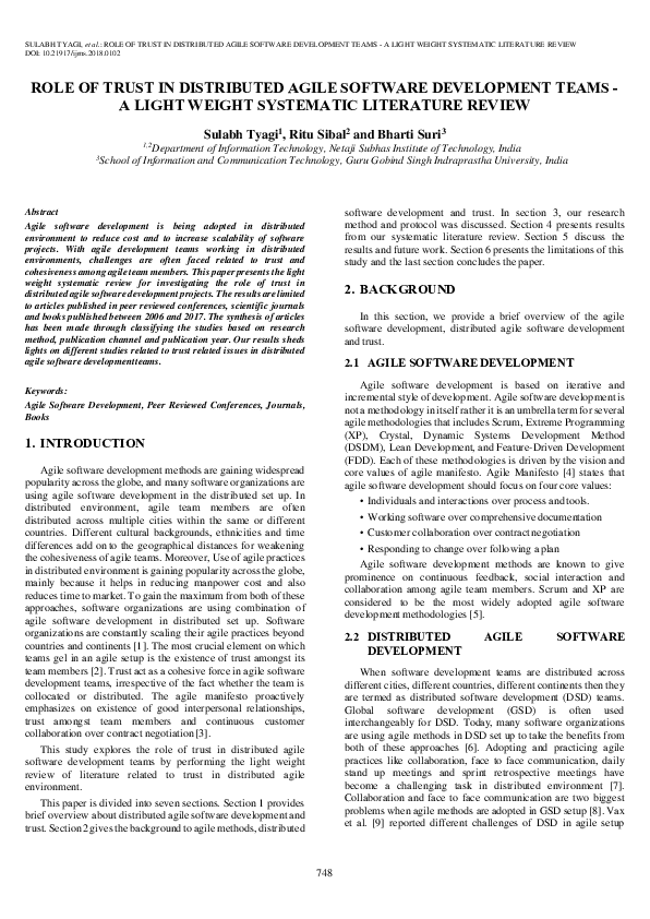 Pdf Role Of Trust In Distributed Agile Software Development Teams A Light Weight Systematic