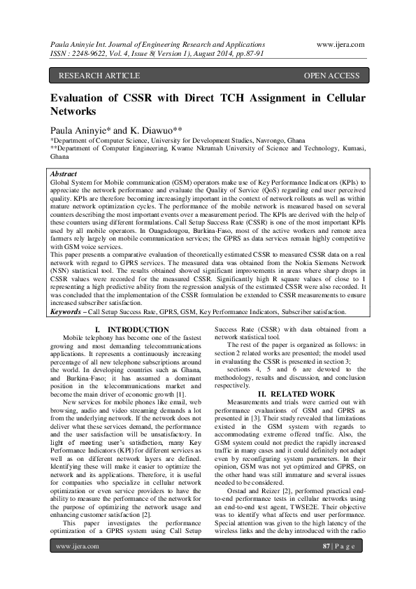 (PDF) Evaluation of CSSR with Direct TCH Assignment in Cellular Networks