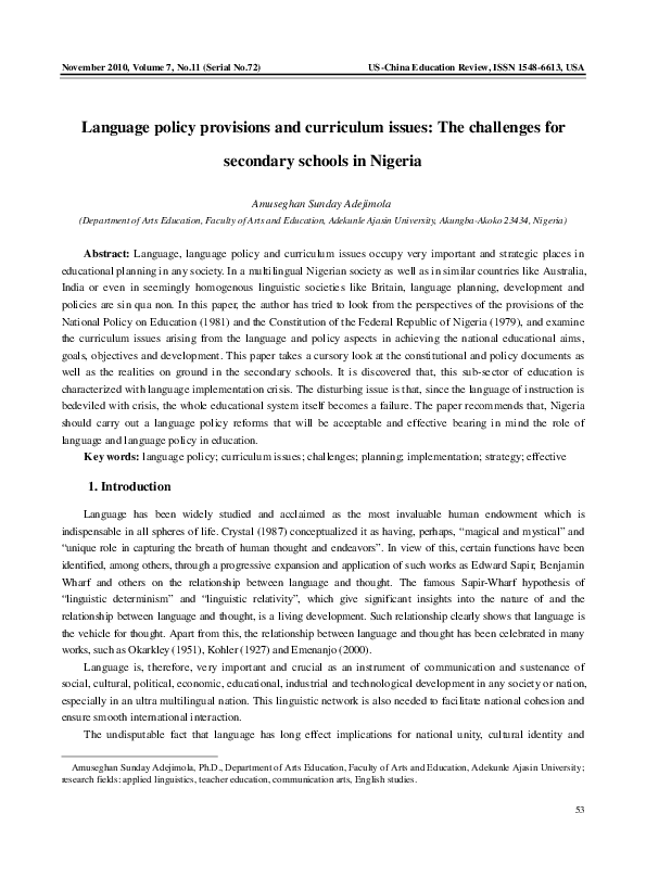 (PDF) Language Policy Provisions and Curriculum Issues: The Challenges ...