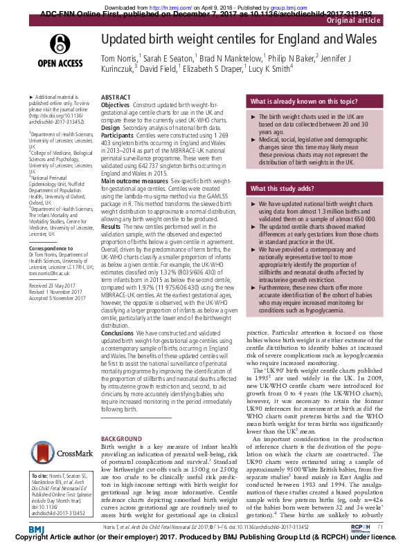 (PDF) Updated birth weight centiles for England and Wales