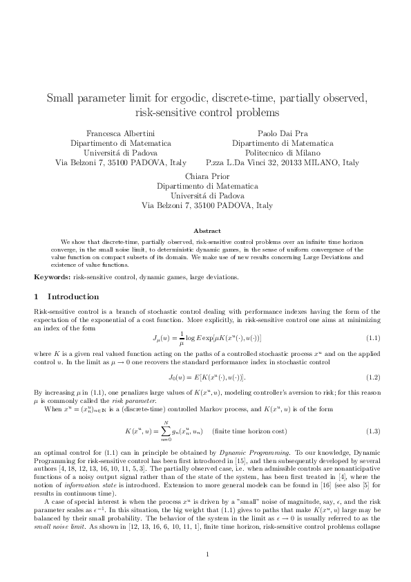 (PDF) Small Parameter Limit for Ergodic, Discrete-Time, Partially Observed, Risk-Sensitive ...