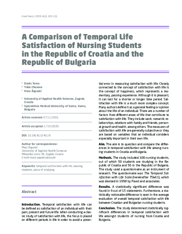 (PDF) A Comparison of Temporal Life Satisfaction of Nursing Students in ...