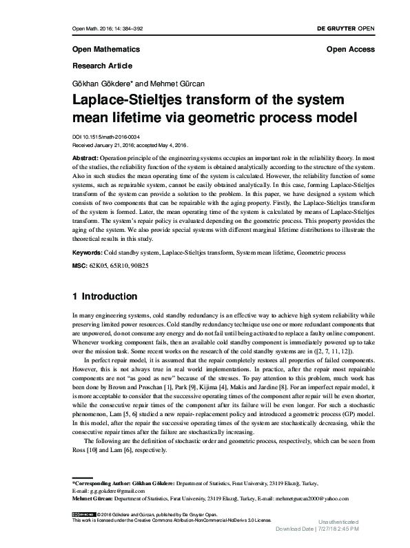 (PDF) Laplace-Stieltjes transform of the system mean lifetime via ...