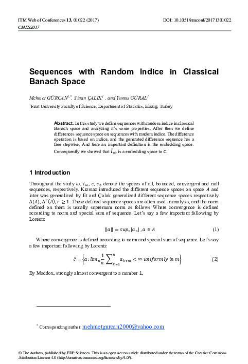 (PDF) Sequences with Random Indice in Classical Banach Space