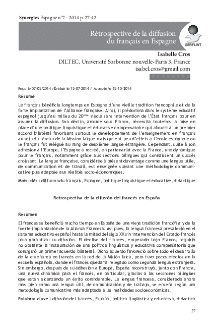 (PDF) Rétrospective de la diffusion du français en Espagne