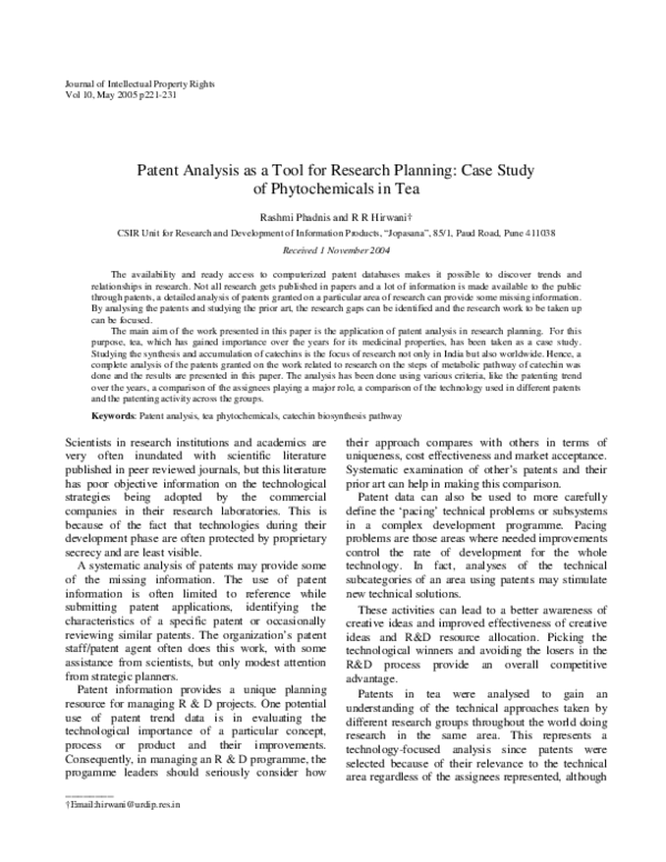 (PDF) Patent analysis as a tool for research planning: case study of ...
