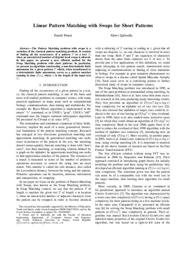 Pdf Linear Pattern Matching With Swaps For Short Patterns