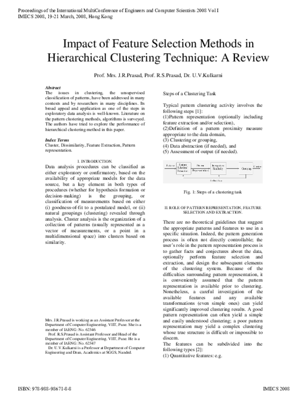 Pdf Impact Of Feature Selection Methods In Hierarchical Clustering Technique A Review