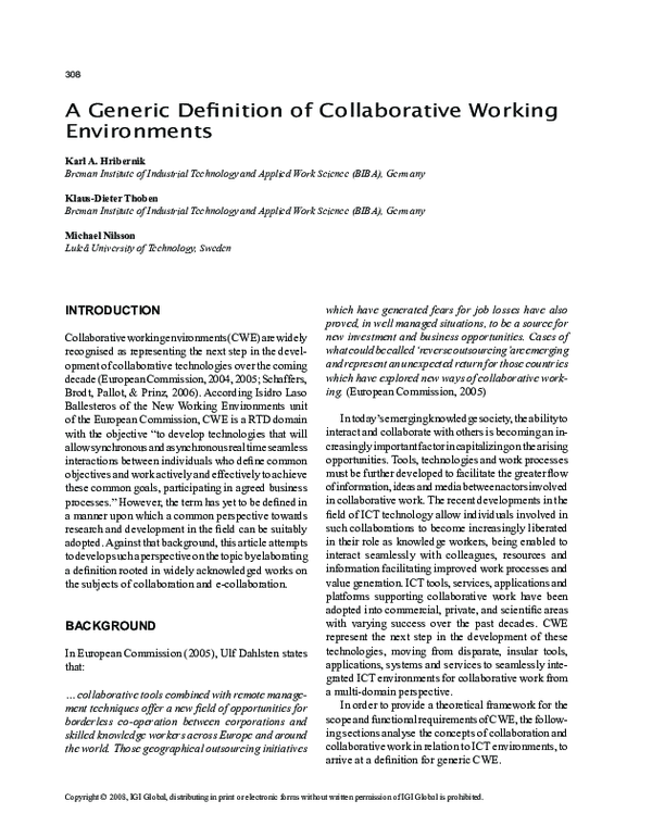 (PDF) A Generic Definition of Collaborative Working Environments