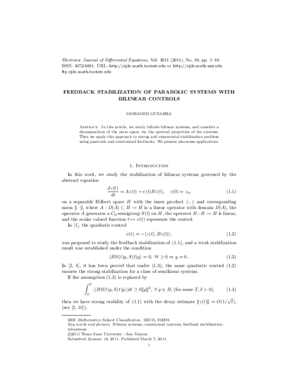 (PDF) Feedback Stabilization of Parabolic Systems with Bilinear Controls