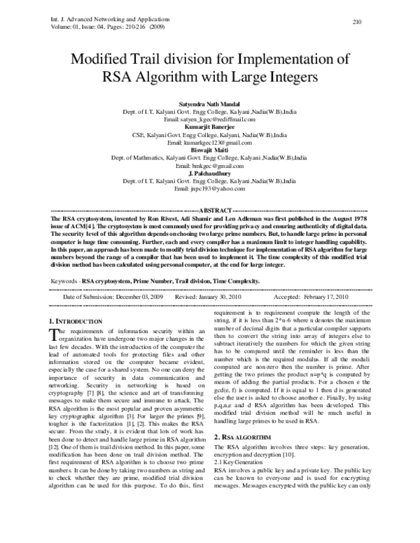 (PDF) Modified Trail division for Implementation of RSA Algorithm with ...