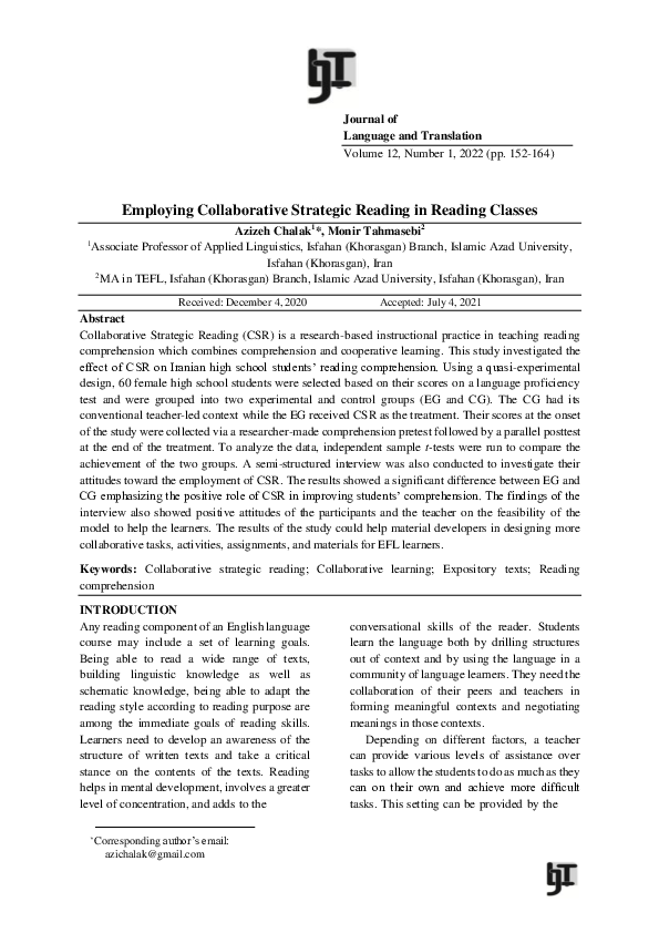 (PDF) Employing Collaborative Strategic Reading in Reading Classes