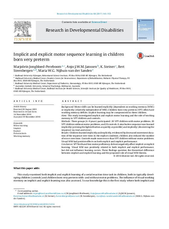 (PDF) Implicit and explicit motor sequence learning in children born ...