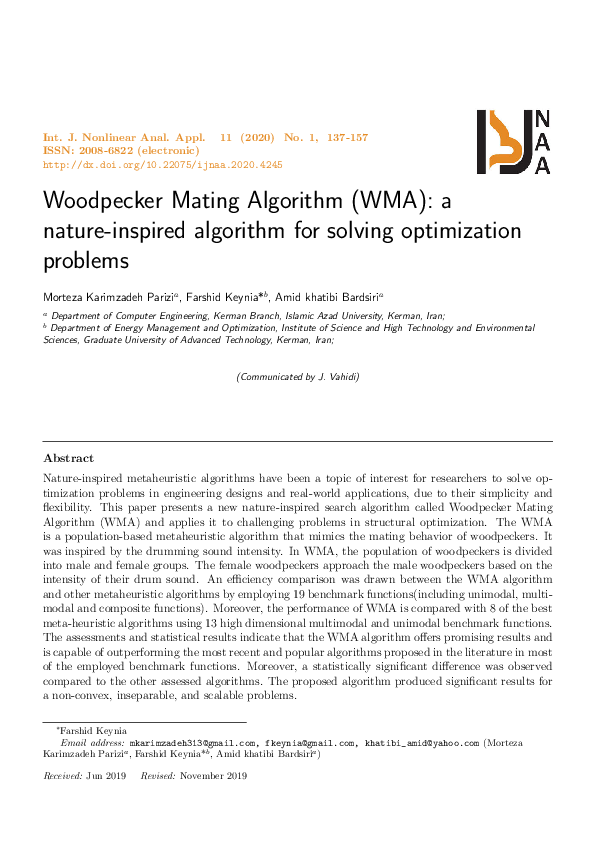 Pdf Woodpecker Mating Algorithm Wma A Nature Inspired Algorithm For Solving Optimization