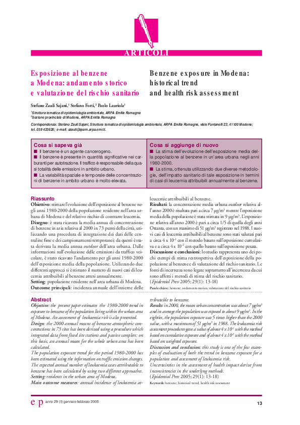 (PDF) [Benzene exposure in Modena: historical trend and health risk ...