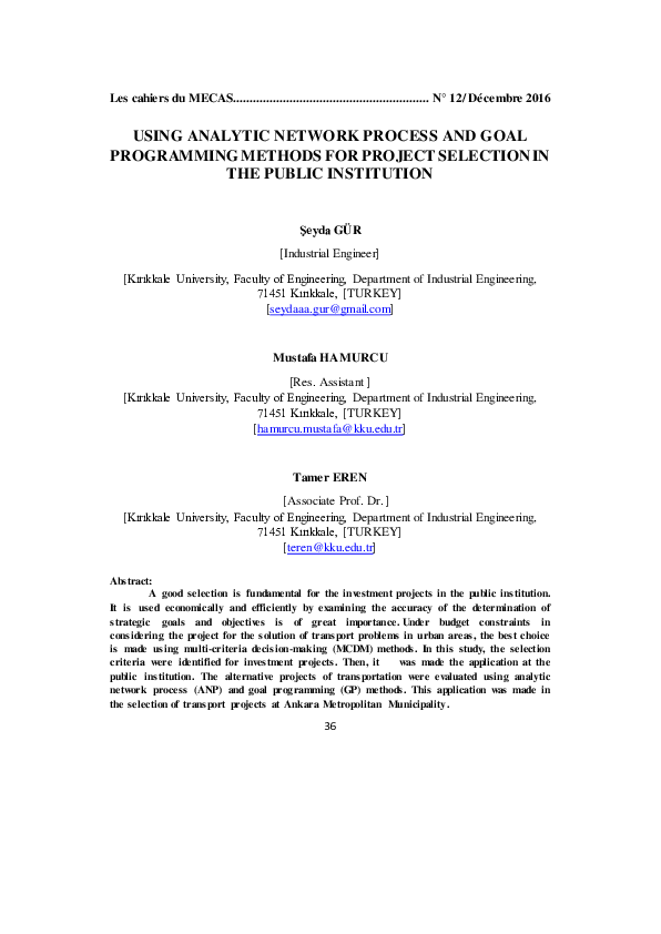 (PDF) Using Analytic Network Process and Goal Programming Methods for Project Selection in the ...
