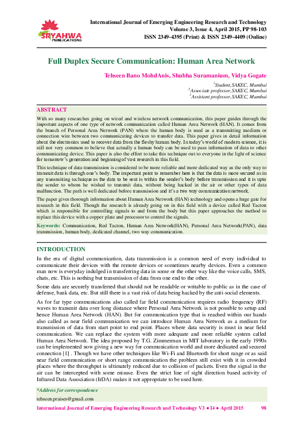 (PDF) Full Duplex Secure Communication: Human Area Network