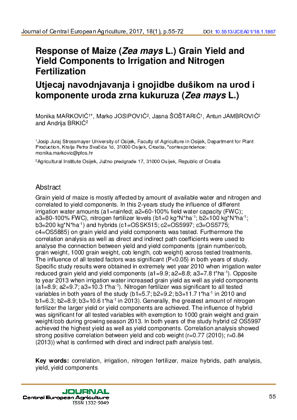(PDF) Response of Maize (Zea mays L.) Grain Yield and Yield Components to Irrigation and ...