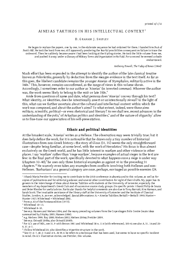 (PDF) Aineias Tacticus in His Intellectual Context