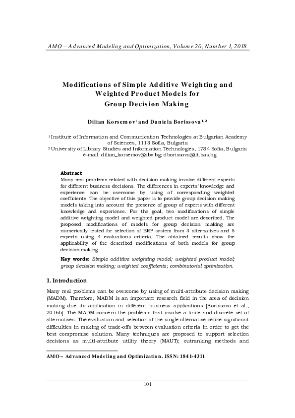 (PDF) Modifications of Simple Additive Weighting and Weighted Product Models for Group Decision ...