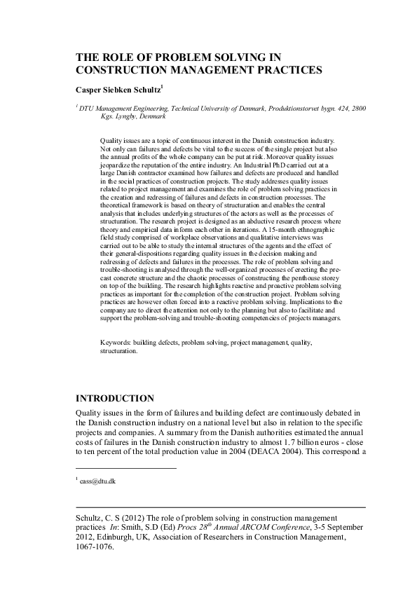 (PDF) The Role of Problem Solving in Construction Management Practices
