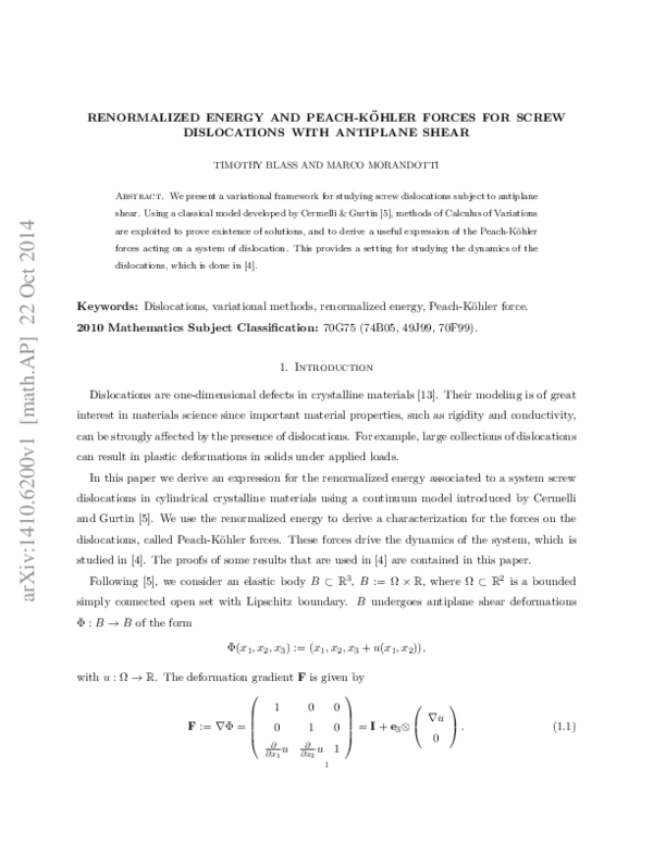 (PDF) Renormalized Energy and Peach-Köhler Forces for Screw ...