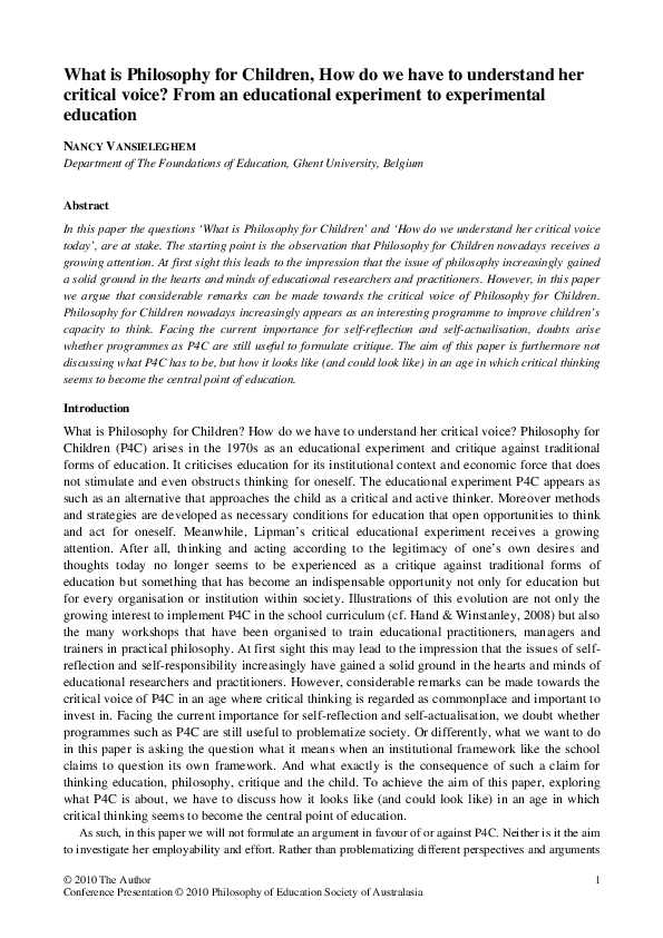 (PDF) What is Philosophy for Children , How do we have to understand ...