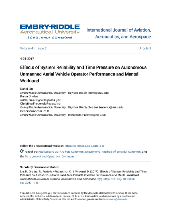 Pdf Effects Of System Reliability And Time Pressure On Autonomous Unmanned Aerial Vehicle