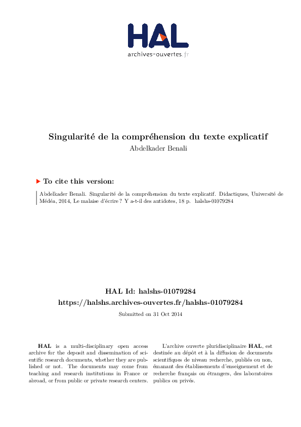 (PDF) Singularité de la compréhension du texte explicatif