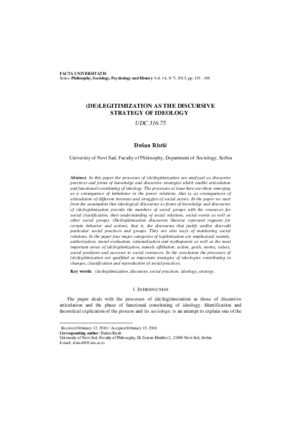 (PDF) De)Legitimization as the Discursive Strategy of Ideology