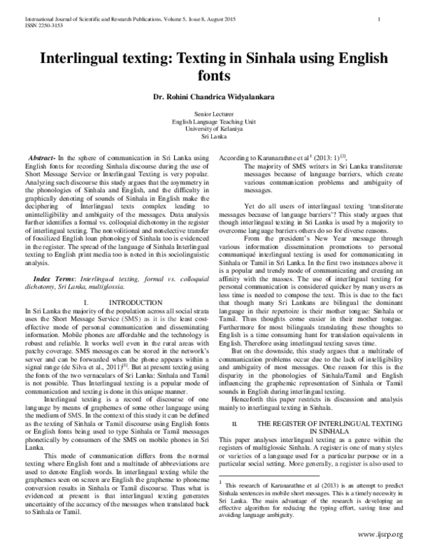(PDF) Interlingual texting: Texting in Sinhala using English fonts