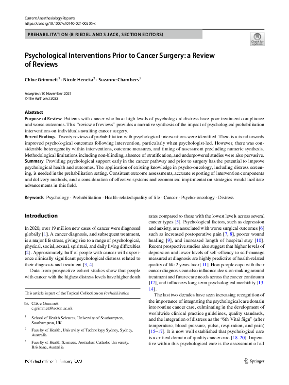 (PDF) Psychological Interventions Prior to Cancer Surgery: a Review of ...