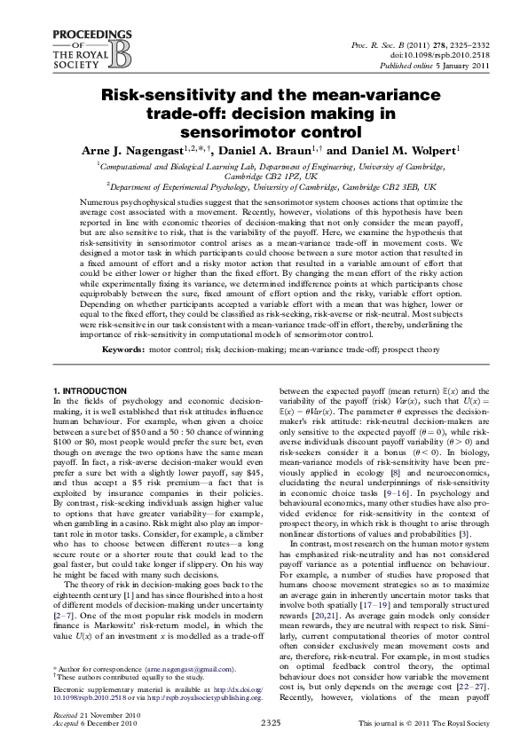 (PDF) Risk-sensitivity and the mean-variance trade-off: decision making in sensorimotor control