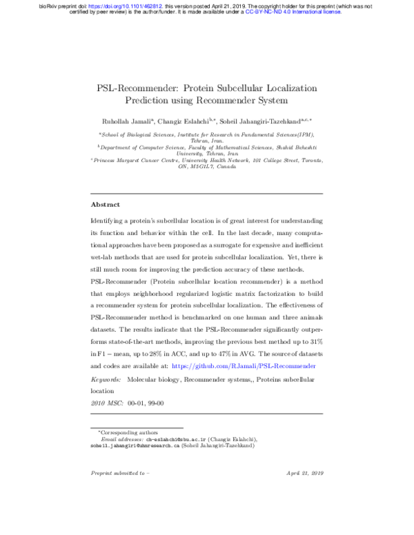 (PDF) PSL-Recommender: Protein Subcellular Localization Prediction ...