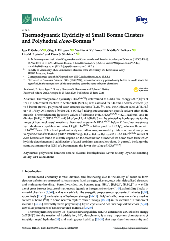 (PDF) Thermodynamic Hydricity of Small Borane Clusters and Polyhedral ...