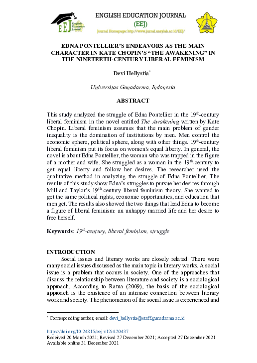(PDF) Edna Pontellier's endeavors as the main character in Kate Chopin ...