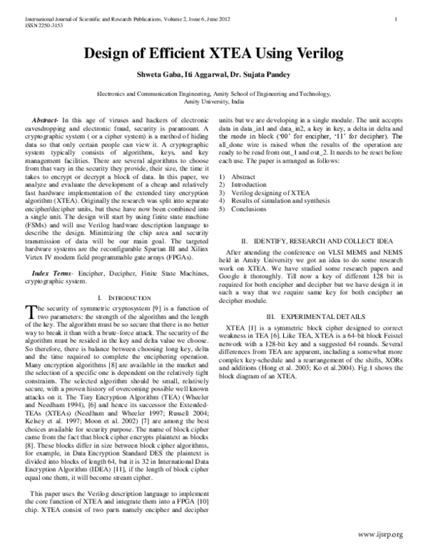 (PDF) Design of Efficient XTEA Using Verilog Shweta Gaba , Iti Aggarwal ...