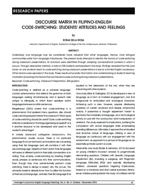 (PDF) Discourse Matrix in Filipino- English Code-Switching: Students' Attitudes and Feelings