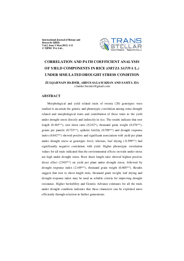 (PDF) Correlation and Path Coefficient Analysis of Yield Components in Rice (Oryza sativa L ...