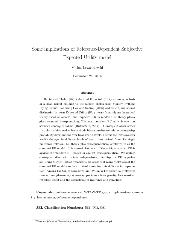 (PDF) Some implications of Reference-Dependent Subjective Expected Utility model