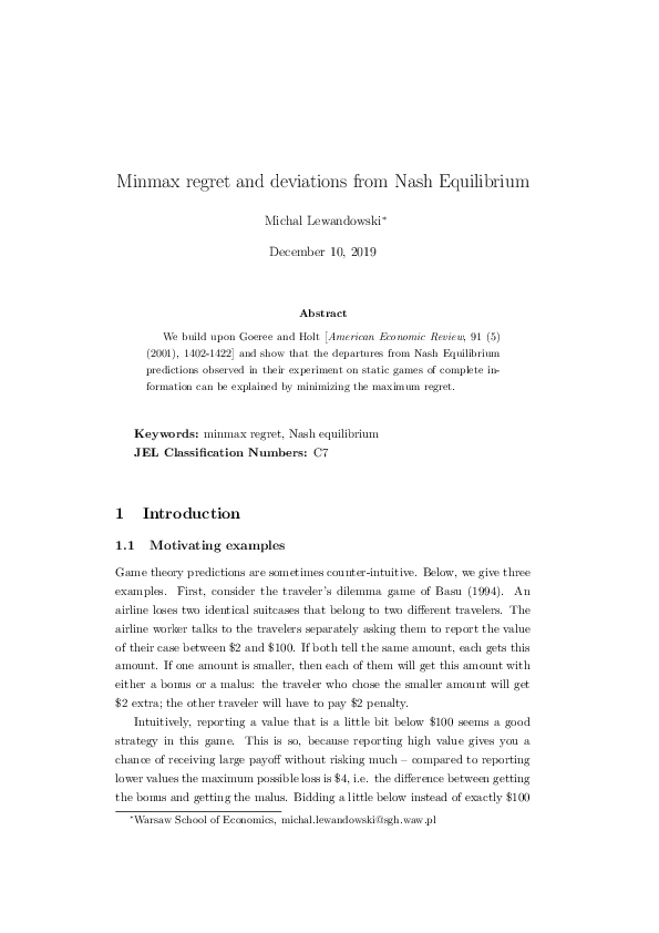 (PDF) Minmax regret and deviations from Nash Equilibrium | Michal Lewandowski - Academia.edu