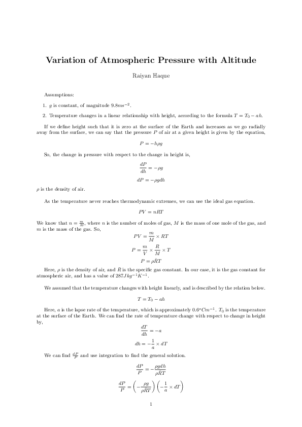 Atmospheric Pressure Formula